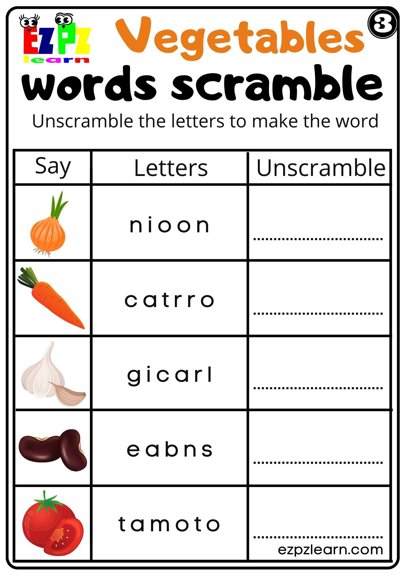 Vegetables Words Scramble Worksheet For K5 Kindergarten And ESL